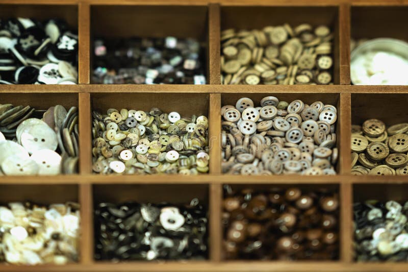 Diffrent Multicolored Buttons in Wooden Boxes for Creativity, a Real ...