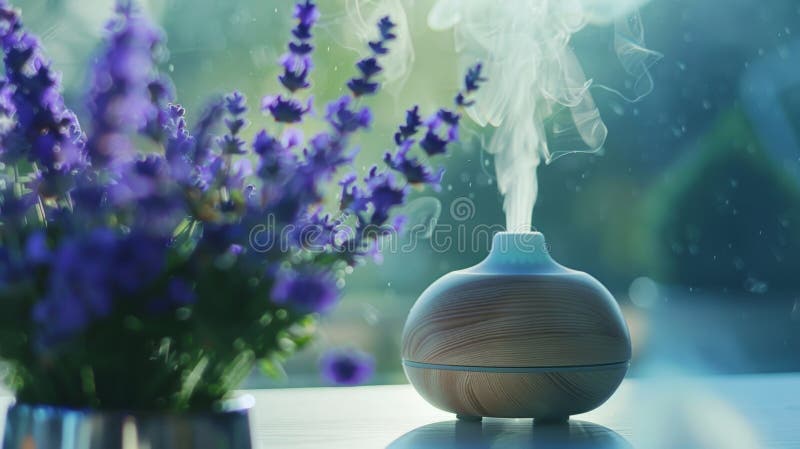 A Diffuser Emitting a Mist of Defocused Lavender and Eucalyptus Scents ...