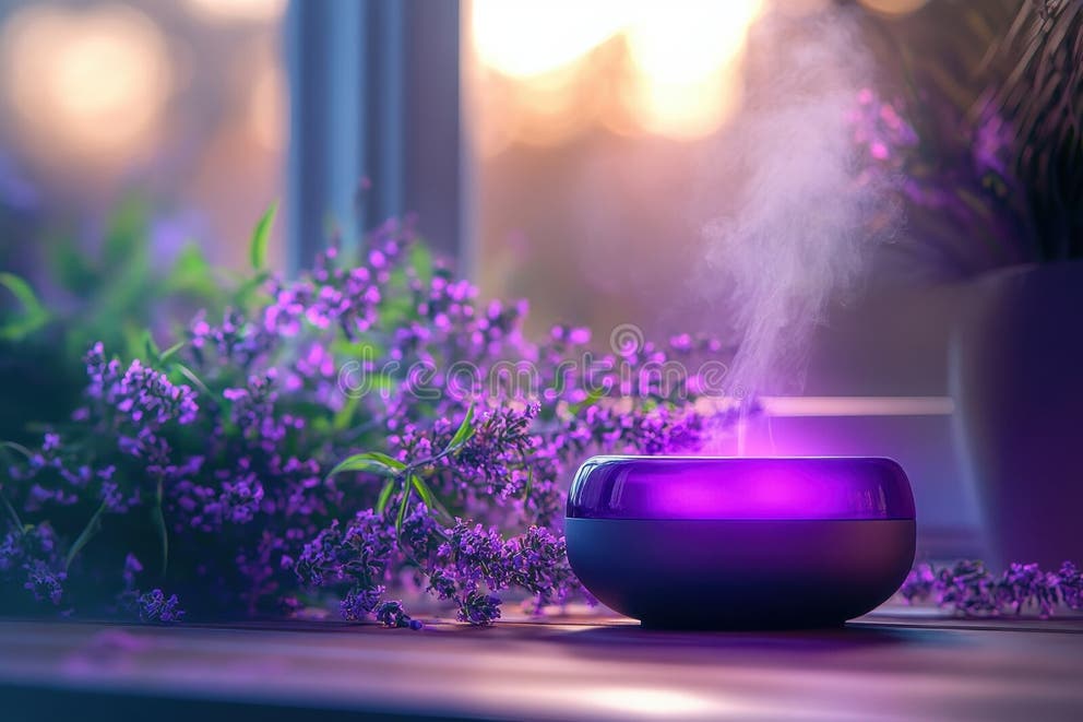 Aromatherapy Diffuser Emitting Mist with Purple Flowers at Sunset Stock ...
