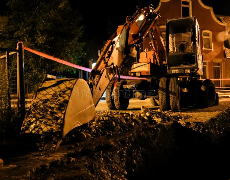 Digger Digs A Trench For Pipe Laying Stock Image - Image of exhaust ...