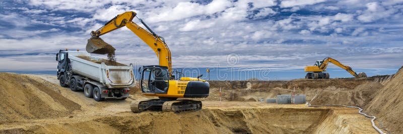 Digger and Excavator at Work in Construction Site Stock Image - Image ...