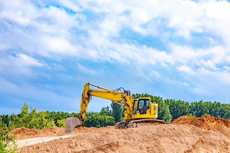 Digger at a Sandy Heap with Big Shovel Stock Photo - Image of river ...