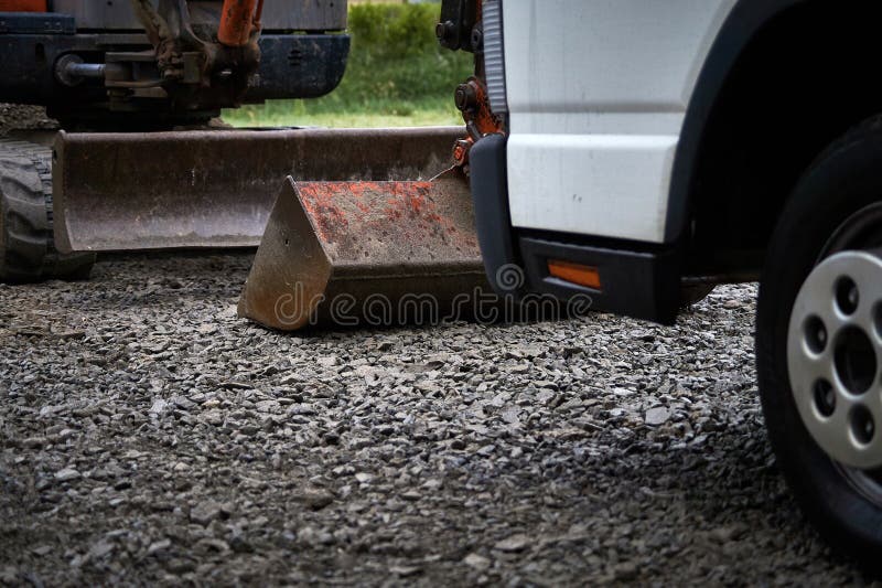 Digger and Truck at Construction Site Stock Image - Image of yard ...