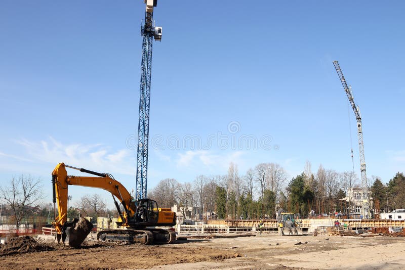 Excavator on New Building Construction Site Stock Photo - Image of ...