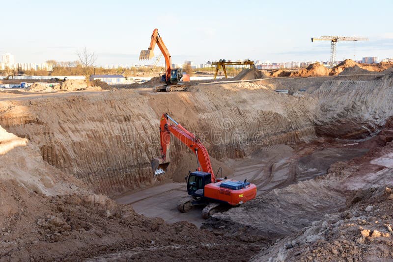 Digging the Pit Foundation a Hole with Excavator. Earthwork in ...