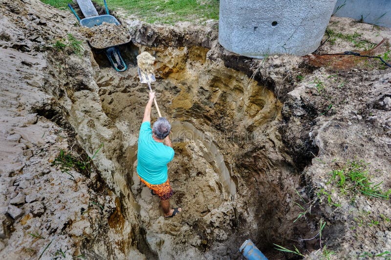 Septic Tank Pumping, Bottom View of Man Installing Submersible Sewage ...