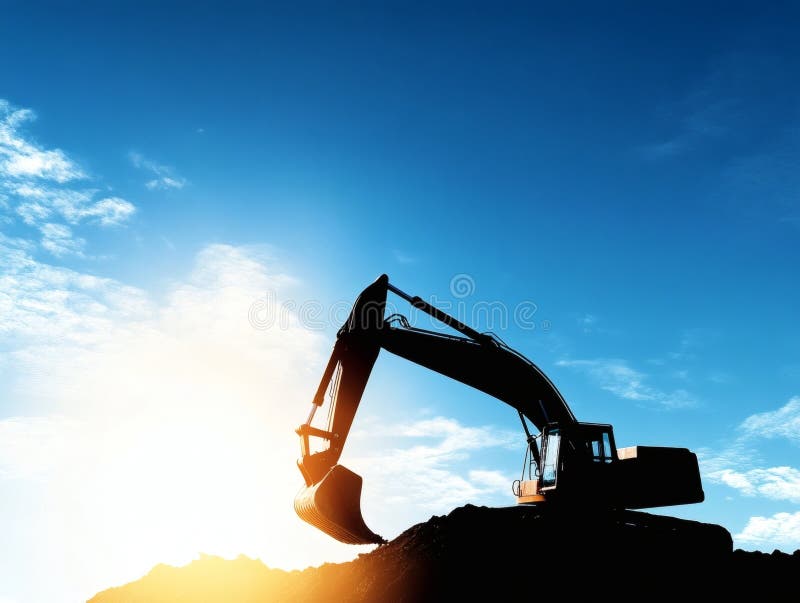 Digging Silhouette. Backlit Silhouette of an Excavator on Top of a Hill ...