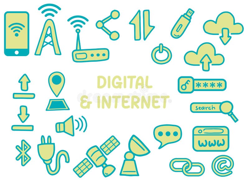 Set of Icons with Digital and Internet Theme. with Doodle Style. for ...