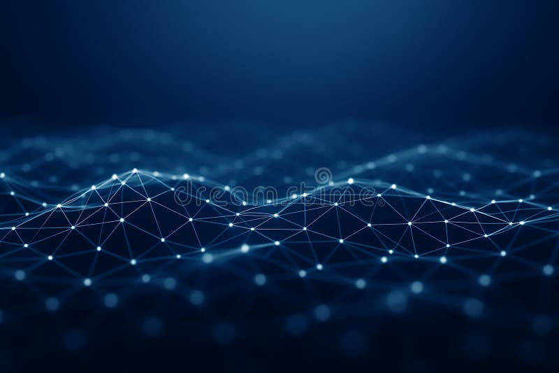 Abstract Glowing Network of Nodes and Lines on a Dark Blue Background ...
