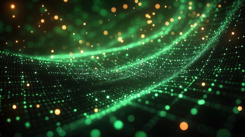 Digital Abstract Background Shows Glowing Green Dots, Lines. Dynamic ...