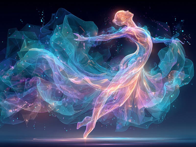 Digital Abstract Dancer in Dark Infinite Void, Glowing Pixel Form with ...