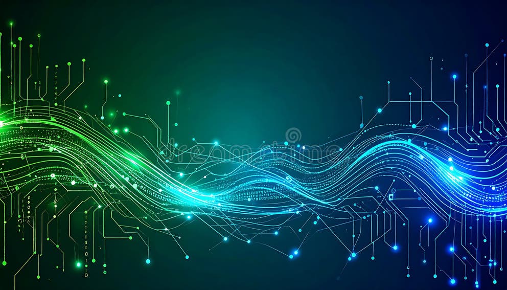 A Digital, Abstract Image Featuring Circuit Board-like Patterns with Flowing Lines and Glowing ...