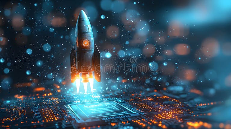 Digital Rocket Launch from AI Chip in Futuristic Concept Stock ...