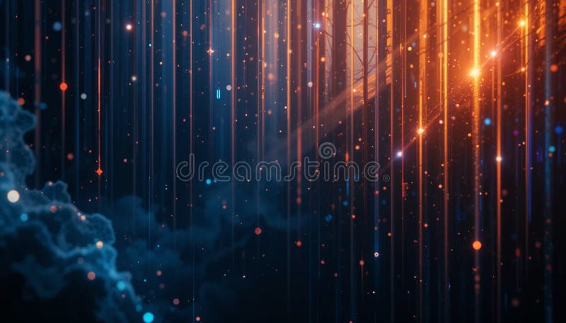 A Digital Abstract Scene Featuring Vertical Lines and Glowing Particles ...