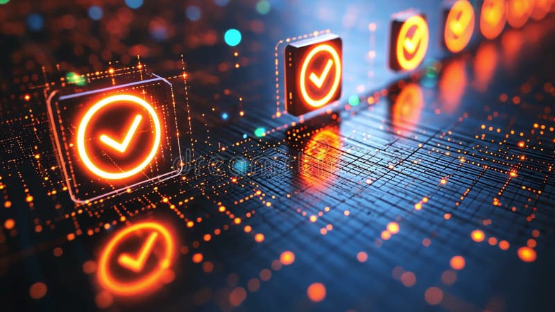 Digital Abstract Technology with Glowing Check Marks in Vibrant Grid ...