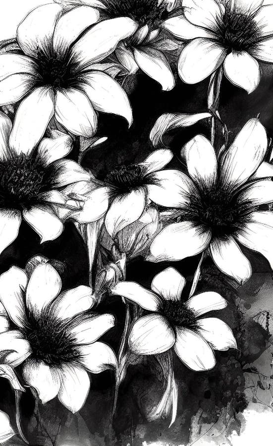 Digital Abstraction Drawing of Spring Flowers Black and White ...