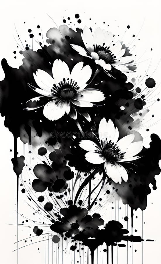 Digital Abstraction Drawing of Spring Flowers Black and White ...