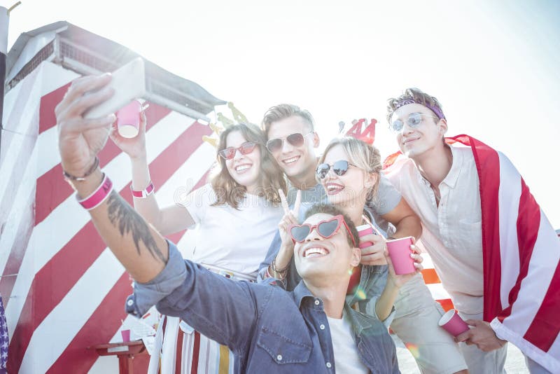 Positive Delighted Students Having Party on Rooftop Stock Image - Image ...
