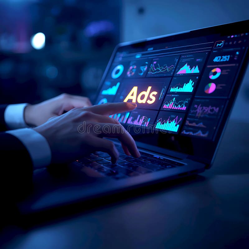 Digital Ads Campaign Performance Analysis: Nighttime Laptop Screen Data Visualization Stock ...