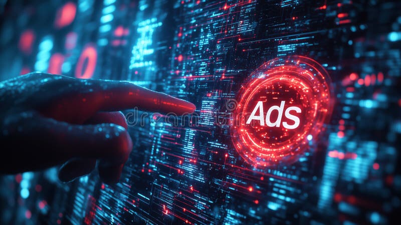 Digital Ads Interface with Glowing Elements and Finger Touch Stock ...