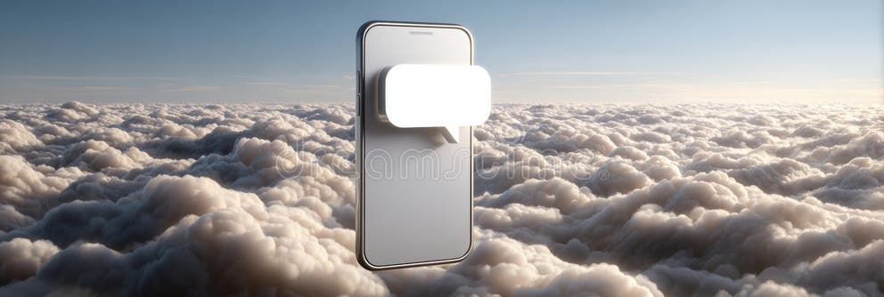Floating Phone Screen Advertisement in a Digital Landscape with Clouds ...