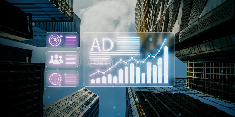 Digital Advertising Concept with Data Graphs and Icons on a Background ...