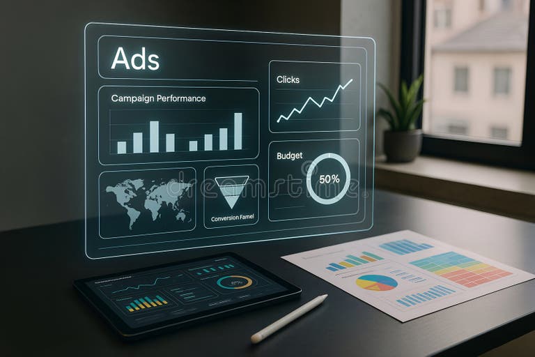 Digital Advertising and Data Analysis Visualized with Futuristic ...