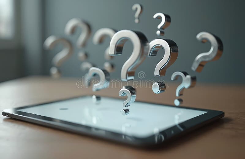 Digital Age Questions. Silver Question Marks Float Over Tablet ...