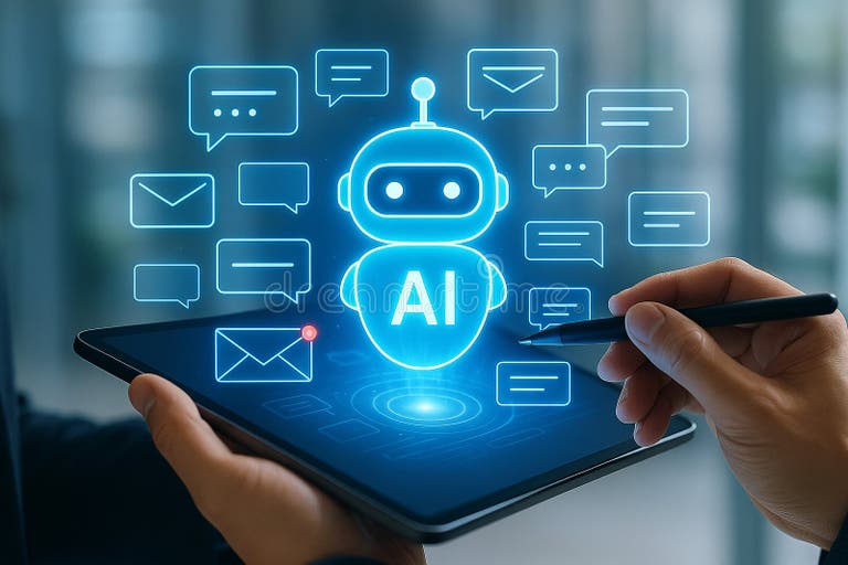 Ai Chatbot on Tablet Concept of Artificial Intelligence and Machine Learning Technology ...