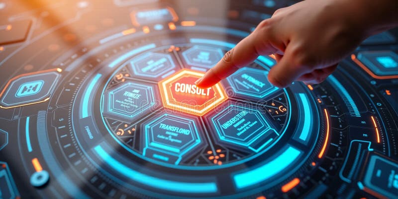 Hand Touching Glowing AI Icon and Business Analytics Interface Stock ...