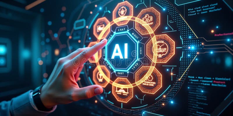 Hand Touching Glowing AI Icon and Business Analytics Interface Stock ...