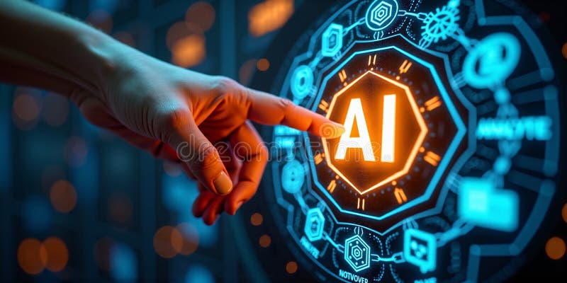 Hand Touching Glowing AI Icon and Business Analytics Interface Stock ...