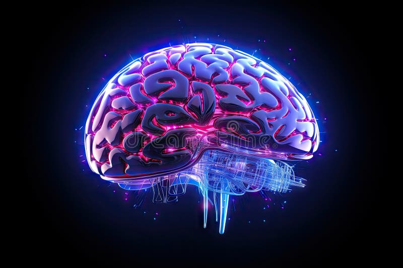 Digital AI Electronic Brain Made from Metallic with Neon Light, Neural ...