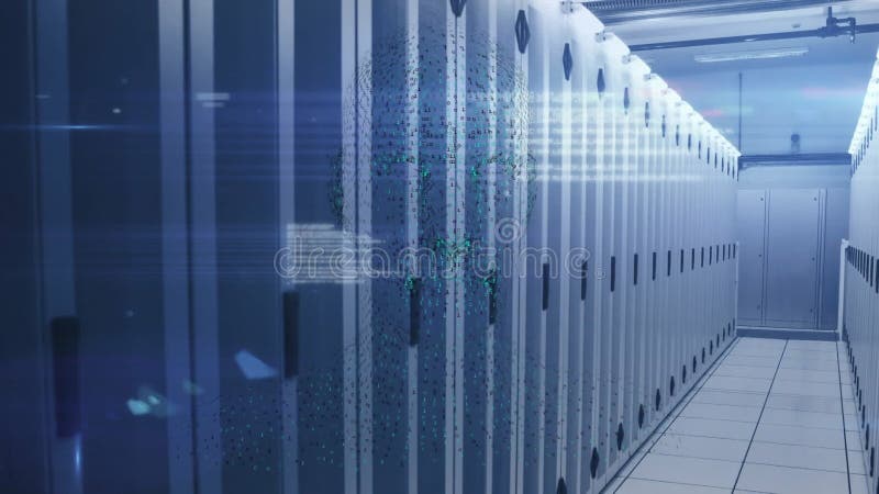 Digital AI Head Being Visualized in Data Center Corridor, Featuring Server Racks and Cable Trays ...