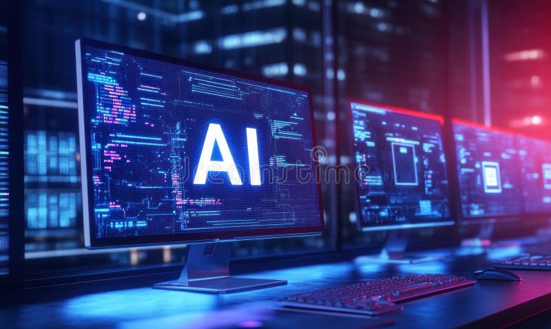 AI Technology on Computer Screen in Futuristic Office Stock Photo ...