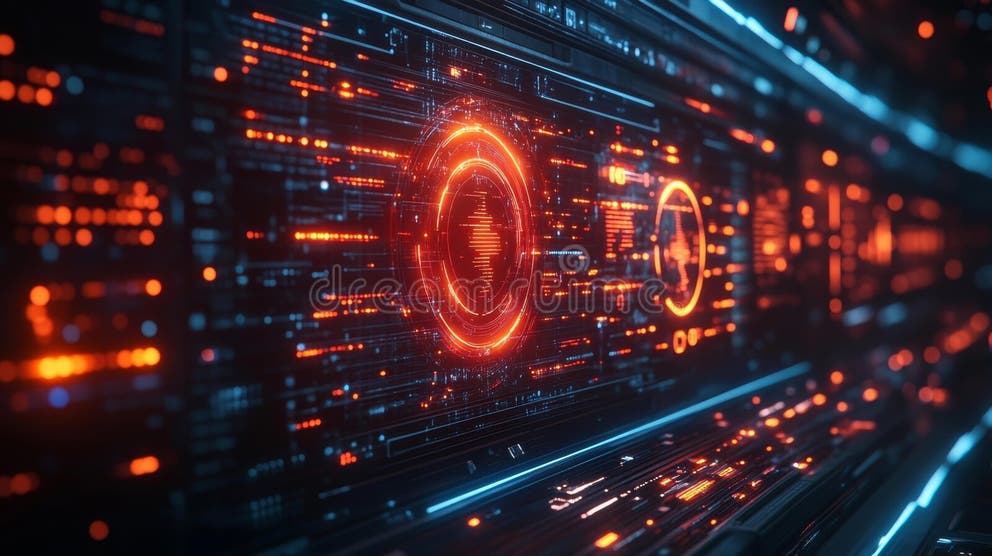 A Digital AI Simulation Screen with Red and Blue Neon Lights Stock ...