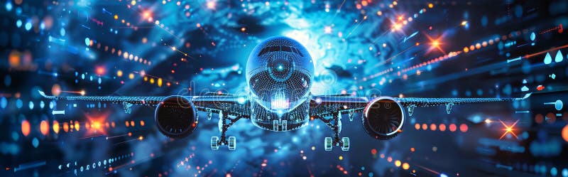 A Digital Airplane Flying through a High-tech Sky with Data Visualizations, Representing ...