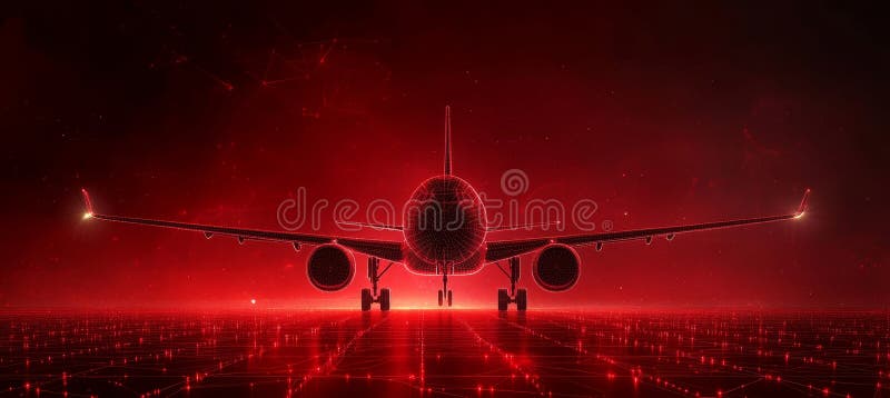 Digital Airplane Silhouette Against a Red Technology Background with ...