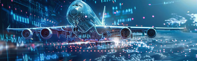 Digital Airplane Soaring through the Sky with Data Visuals, Showcasing ...