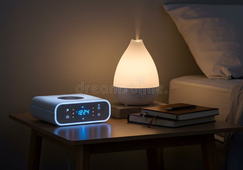 Digital Alarm Clock and Diffuser on Nightstand Stock Illustration ...