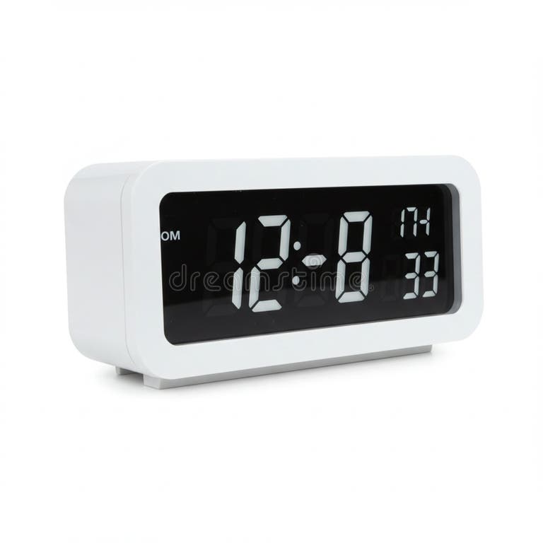 Digital Alarm Clock Featuring a White Rectangular Case and a Black ...