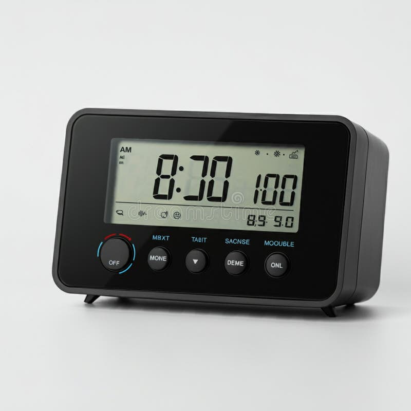 Digital Alarm Clock with a Rectangular Black Casing and a Prominent LCD ...