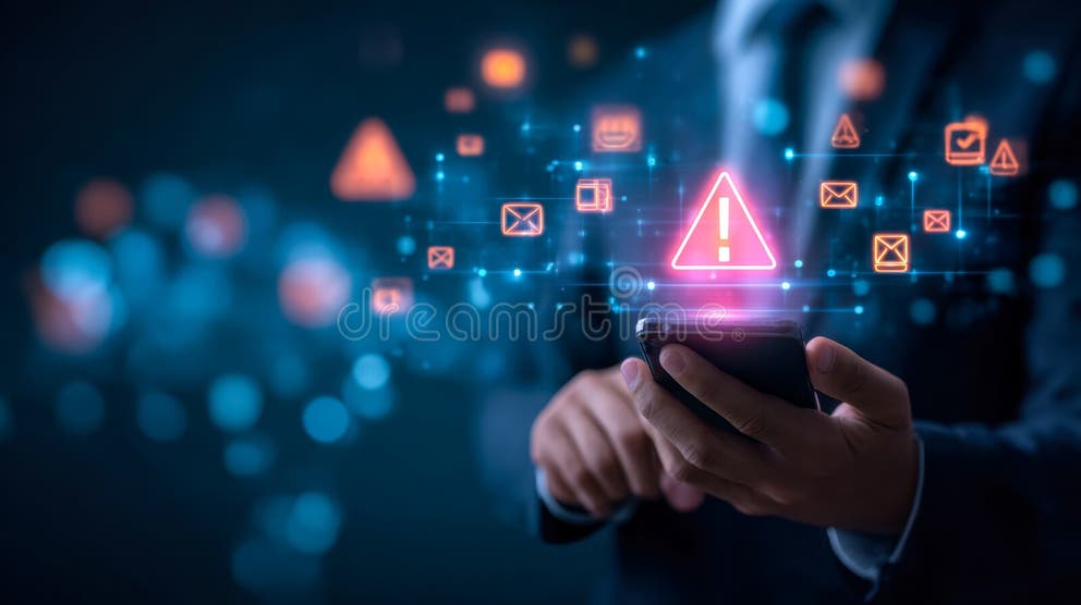 Digital Alert Notifications on a Smartphone Indicating Cybersecurity or ...