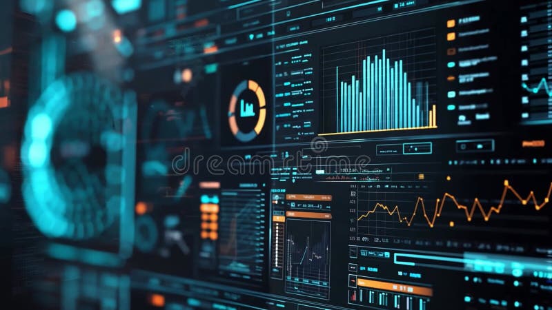 Digital Analytics Display Showing Various Graphs and Metrics in a Dimly ...