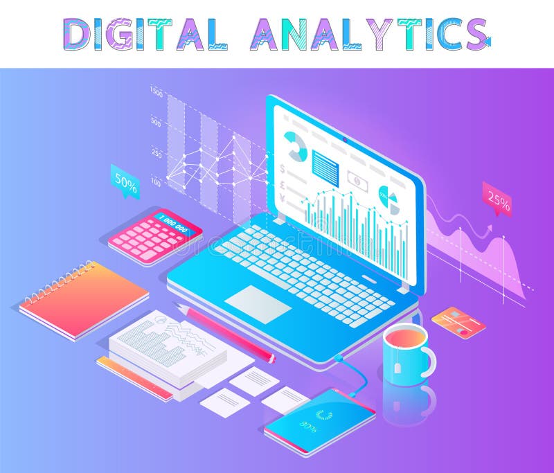 Digital Analytics Emblem with Laptop on Desktop Stock Vector ...