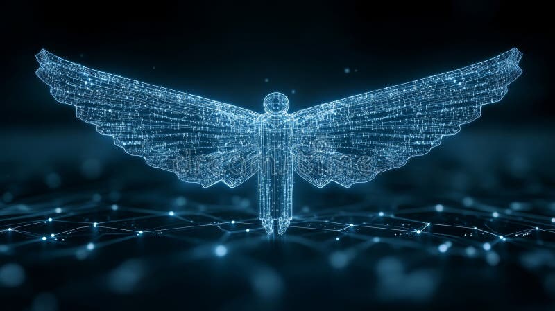 Digital Angel with Glowing Wings in Cyberspace Stock Illustration ...