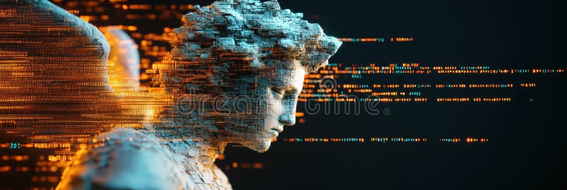 Digital Angel Sculpture with Flowing Data Streams, Symbolizing ...