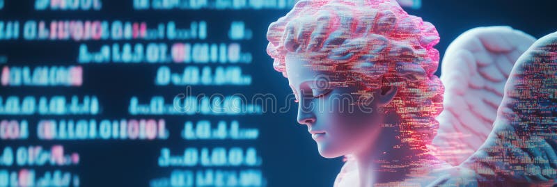 Digital Angel Statue with Binary Code Background, Symbolizing ...