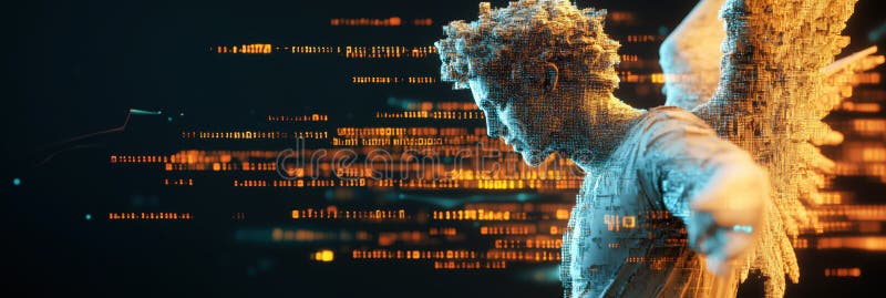 Digital Angel Statue with Intricate Details and Glowing Binary Code ...