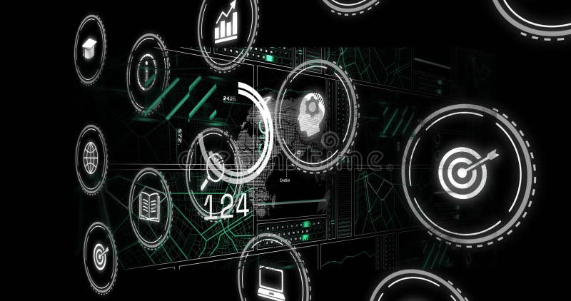 Digital Animation with Data Icons and Graphs on Abstract Green Network ...
